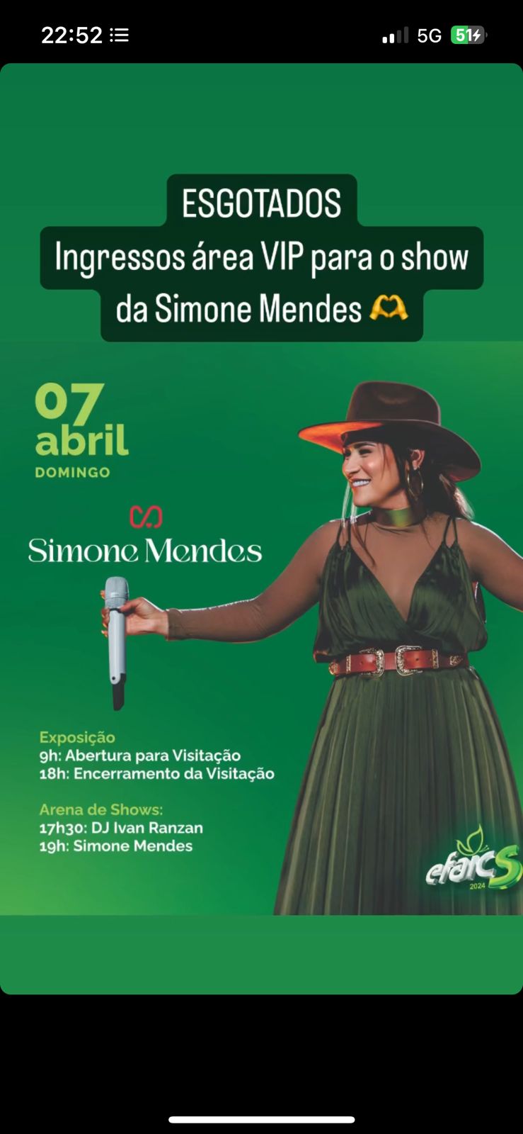 Ingressos esgotados para a área vip no show de Simone Mendes - BelosF7